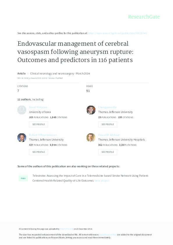 (PDF) Endovascular management of cerebral vasospasm following aneurysm rupture: Outcomes and ...