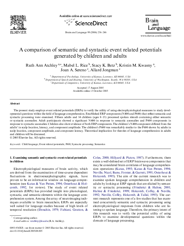 Pdf A Comparison Of Semantic And Syntactic Event Related Potentials