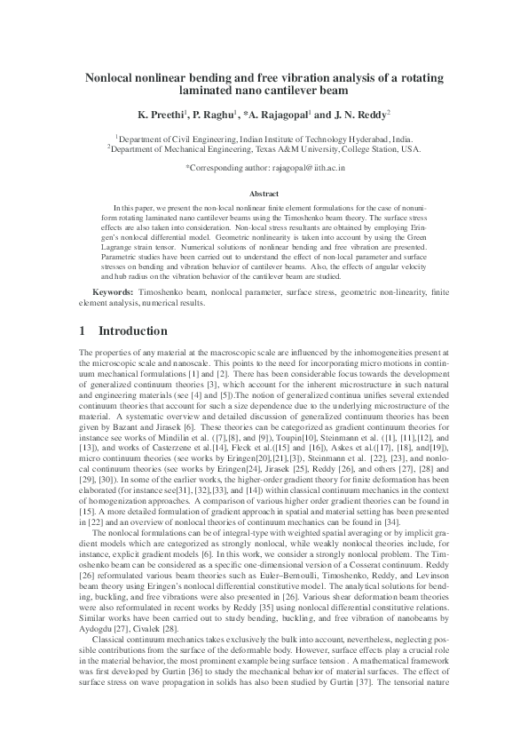 Pdf Nonlocal Nonlinear Bending And Free Vibration Analysis Of A Rotating Laminated Nano