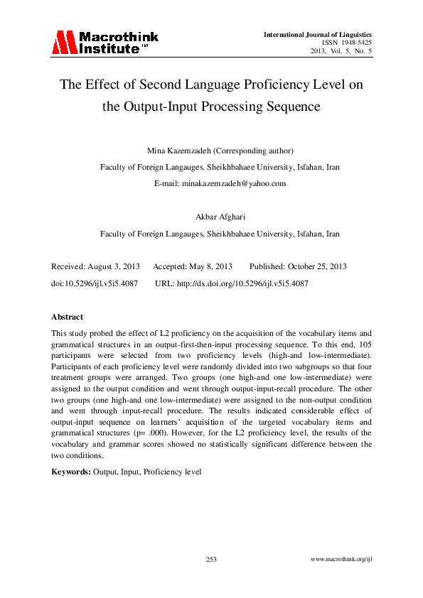 Pdf The Effect Of Second Language Proficiency Level On The Output Input Processing Sequence