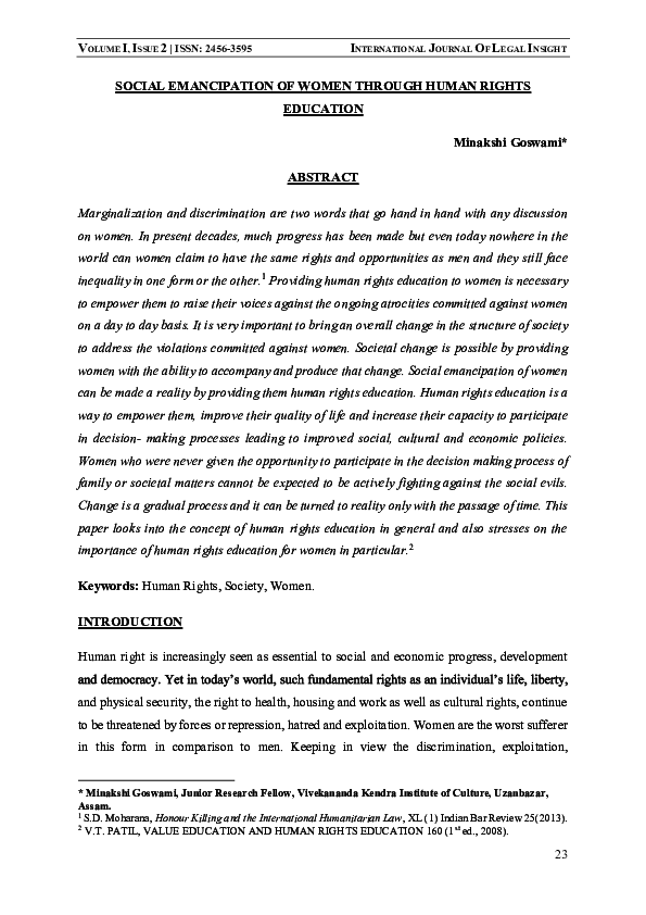 (PDF) SOCIAL EMANCIPATION OF WOMEN THROUGH HUMAN RIGHTS EDUCATION