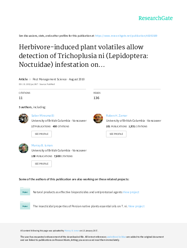 (PDF) Herbivore‐induced plant volatiles allow detection of Trichoplusia ...