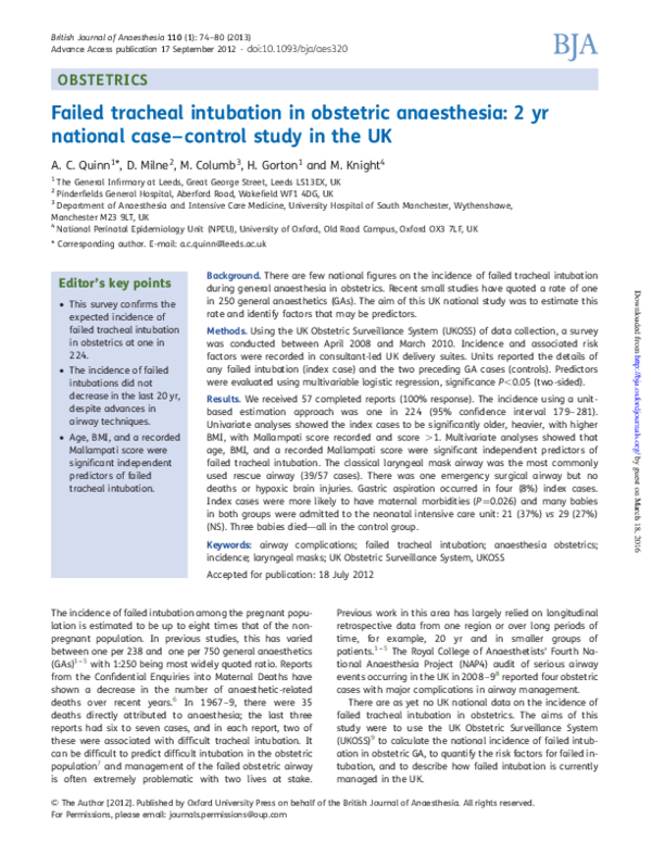 (PDF) Failed tracheal intubation in obstetric anaesthesia: 2 yr ...