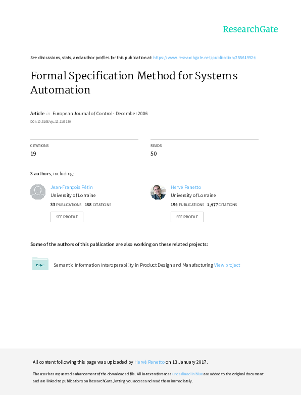 Pdf Formal Specification Method For Systems Automation