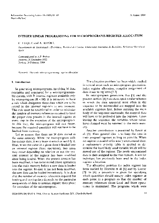 (PDF) Integer linear programming for microprograms register allocation (PDF) Integer linear programming for microprograms register allocation