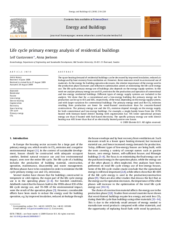 (PDF) Life cycle primary energy analysis of residential buildings