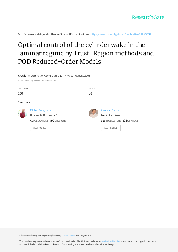 (PDF) Optimal rotary control of the cylinder wake using proper orthogonal decomposition reduced ...