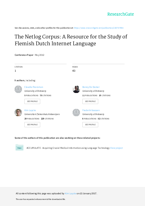 (PDF) The Netlog Corpus: A Resource for the Study of Flemish Dutch Internet Language