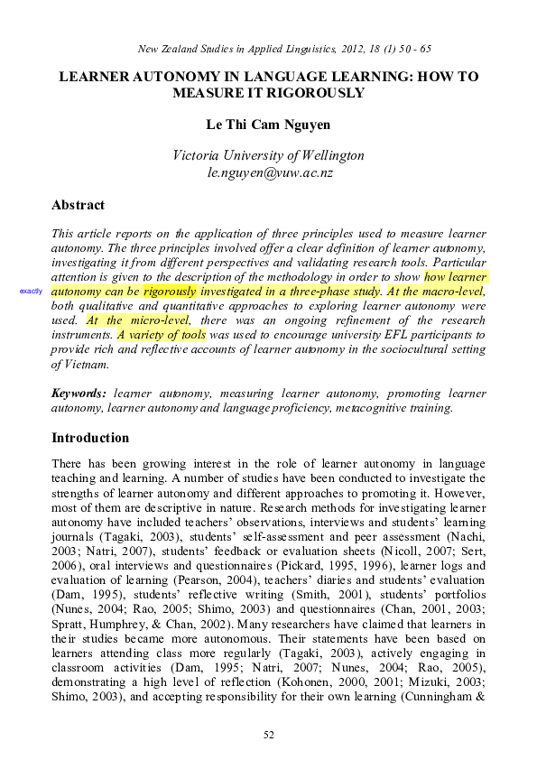 (PDF) LEARNER AUTONOMY IN LANGUAGE LEARNING: HOW TO MEASURE IT RIGOROUSLY