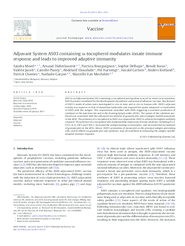 (PDF) Adjuvant System AS03 containing α-tocopherol modulates innate ...