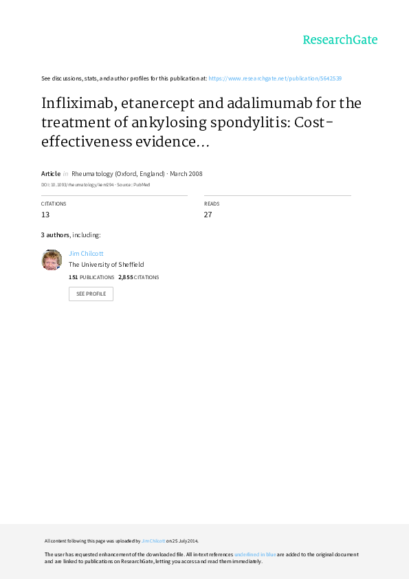 (PDF) Infliximab, etanercept and adalimumab for the treatment of ankylosing spondylitis: cost ...