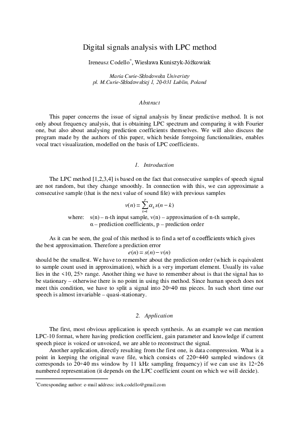 Pdf Digital Signals Analysis With Lpc Method