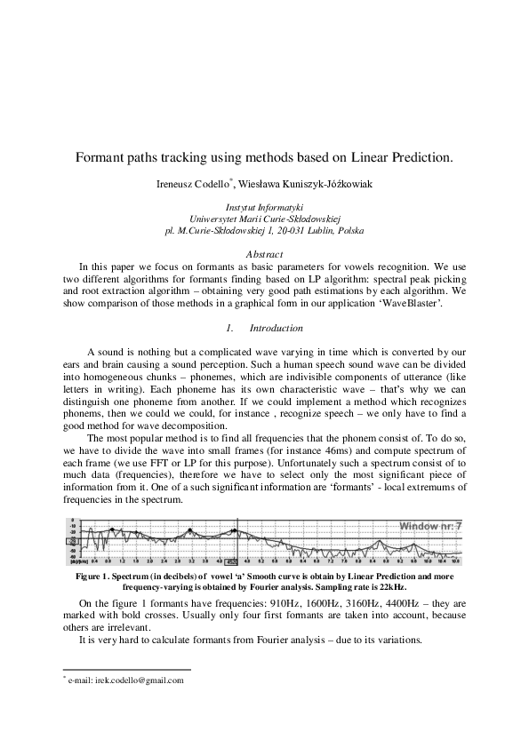 Pdf Formant Paths Tracking Using Methods Based On Linear Prediction 1834