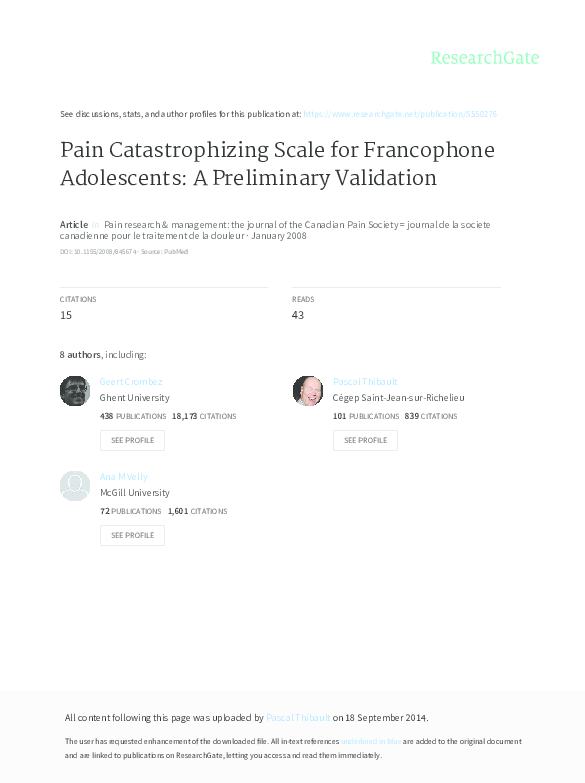 (PDF) Pain catastrophizing scale for francophone adolescents: A ...