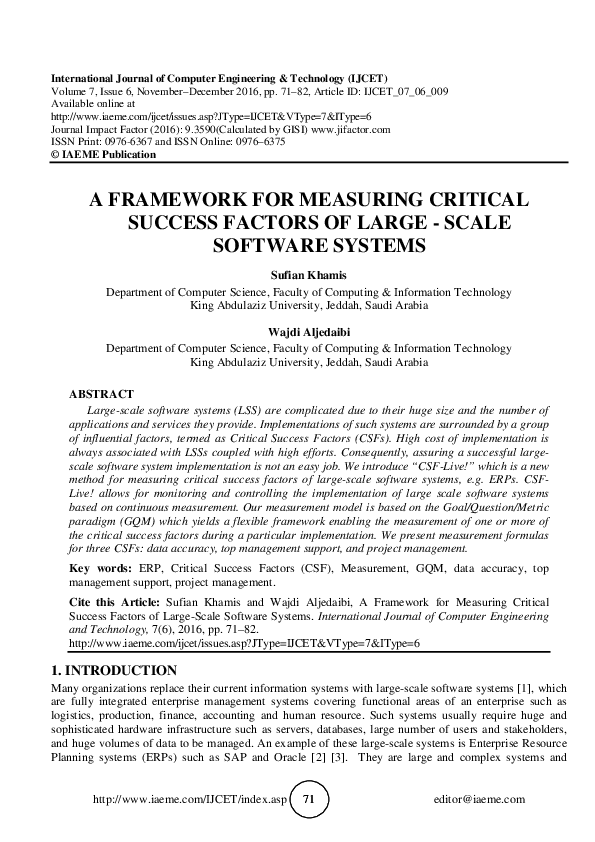(PDF) A FRAMEWORK FOR MEASURING CRITICAL SUCCESS FACTORS OF LARGE -SCALE SOFTWARE SYSTEMS