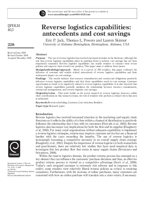 (PDF) Reverse logistics capabilities: antecedents and cost savings