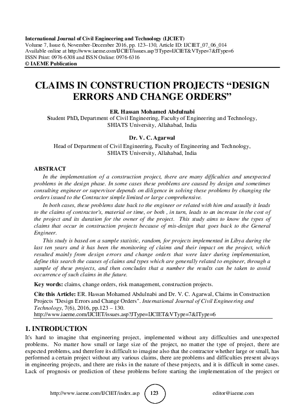 (PDF) CLAIMS IN CONSTRUCTION PROJECTS " DESIGN ERRORS AND CHANGE ORDERS