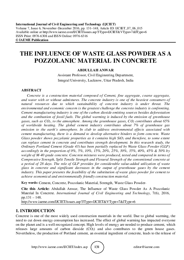 (PDF) THE INFLUENCE OF WASTE GLASS POWDER AS A POZZOLANIC MATERIAL IN ...