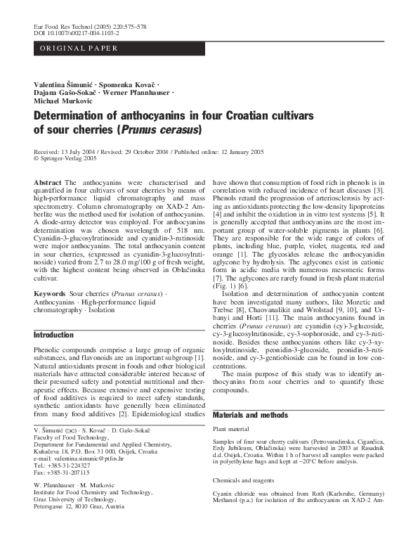 (PDF) Determination of anthocyanins in four Croatian cultivars of sour ...