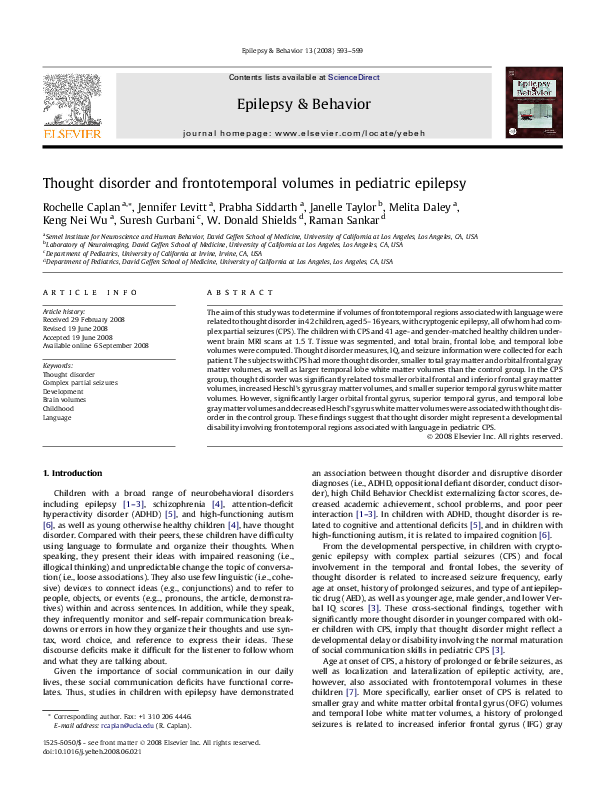 (PDF) Thought disorder and frontotemporal volumes in pediatric epilepsy