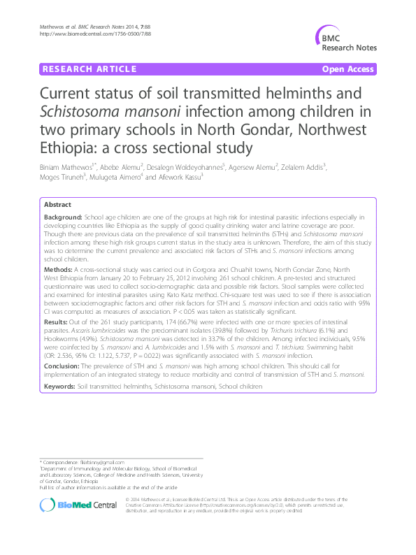 (PDF) Current status of soil transmitted helminths and Schistosoma mansoni infection among ...