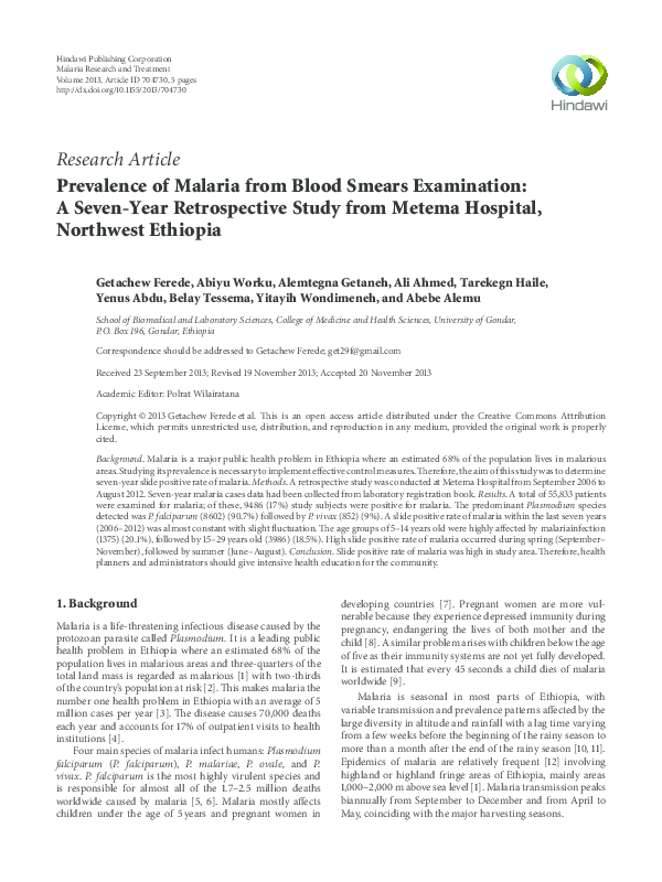 (PDF) Prevalence of malaria from blood smears examination: a seven-year ...