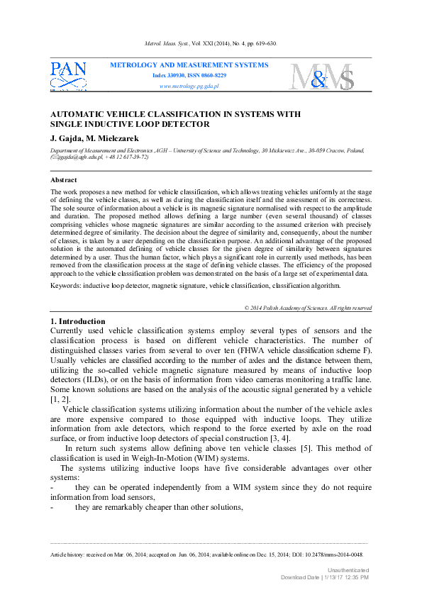 (PDF) Automatic Vehicle Classification in Systems with Single Inductive Loop Detector