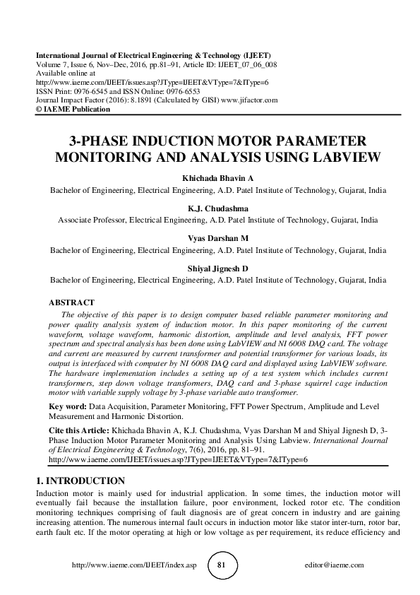 Pdf 3 Phase Induction Motor Parameter Monitoring And Analysis Using Labview