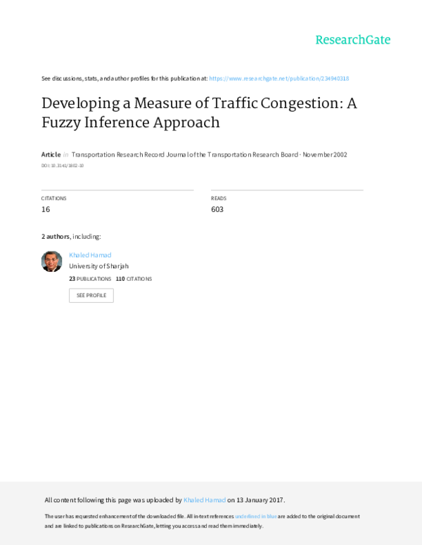 (PDF) Developing a measure of traffic congestion: Fuzzy inference approach