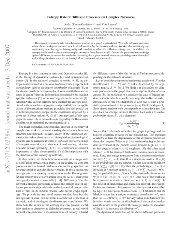 (PDF) Entropy rate of diffusion processes on complex networks