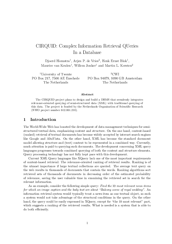 (PDF) CIRQUID: Complex information retrieval queries in a database