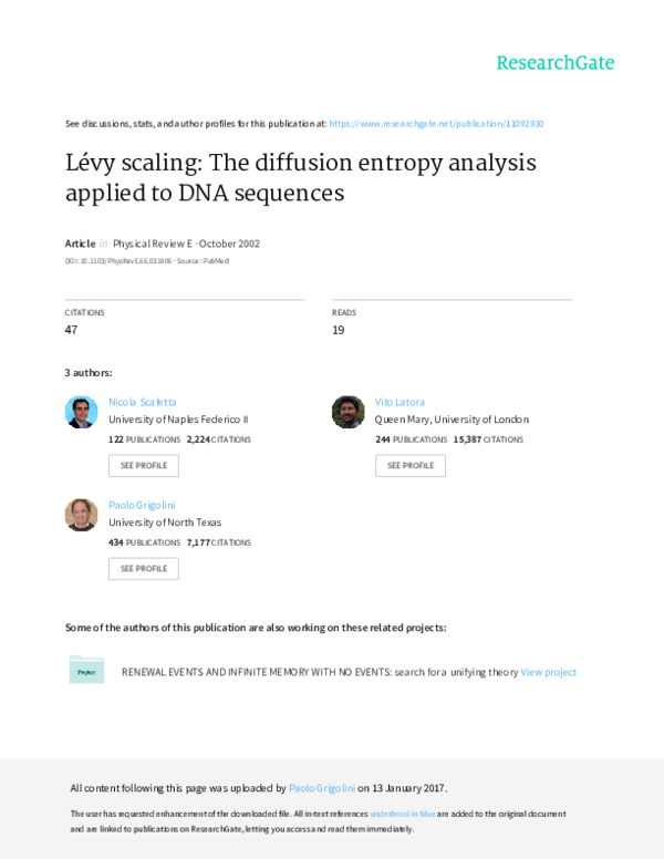 (PDF) Lévy Scaling: The Diffusion Entropy Analysis Applied to DNA Sequences