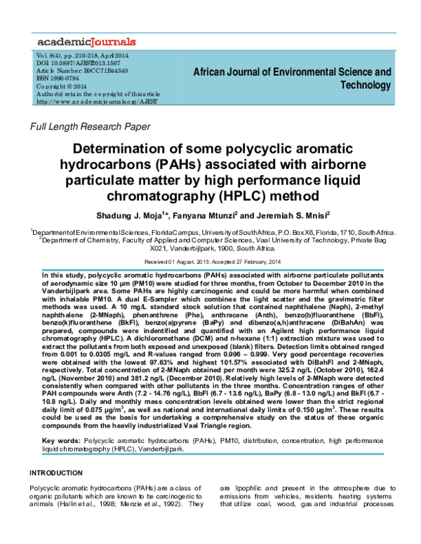 (PDF) Determination of some polycyclic aromatic hydrocarbons (PAHs ...