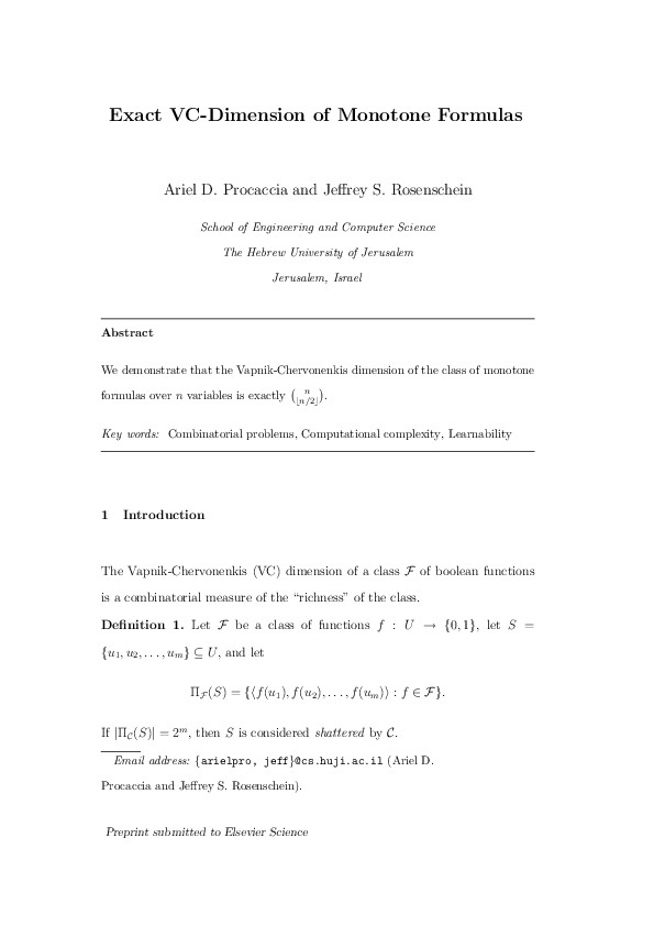 Pdf Exact Vc Dimension Of Monotone Formulas