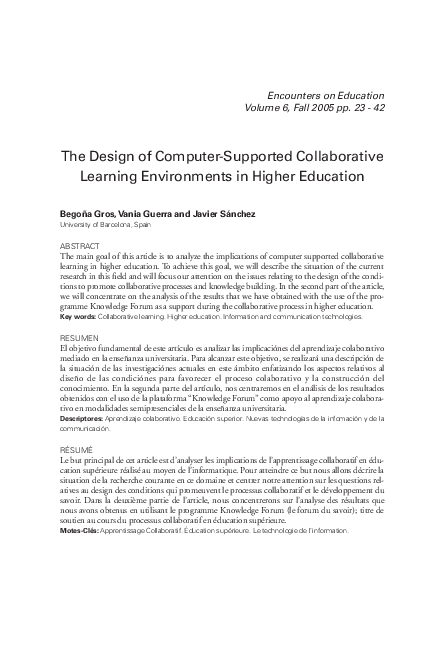 (PDF) The Design of Computer-Supported Collaborative Learning Environments in Higher Education