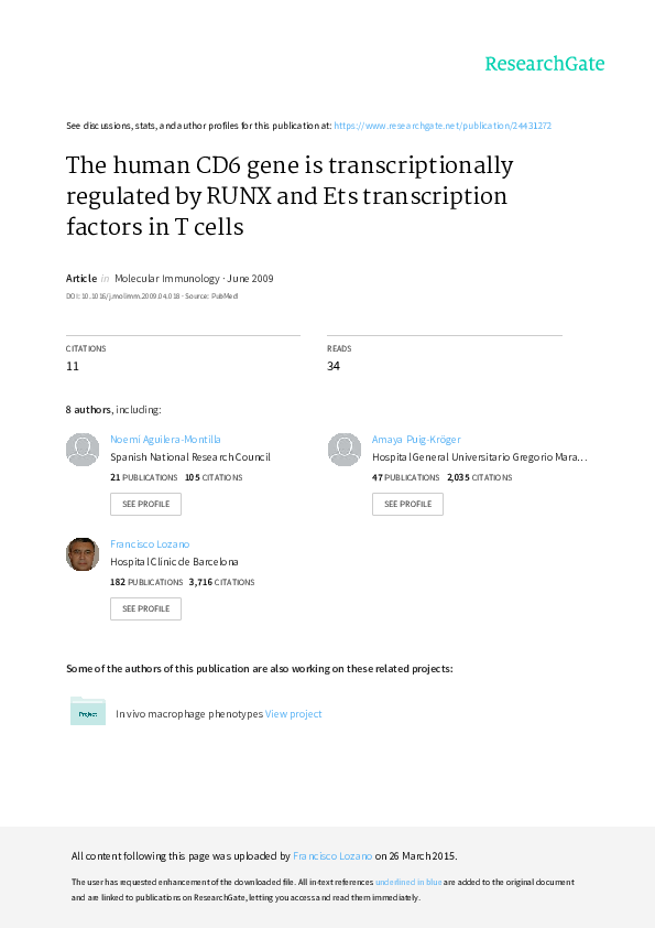 (PDF) The human CD6 gene is transcriptionally regulated by RUNX and Ets transcription factors in ...
