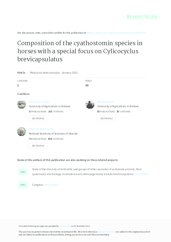 (PDF) Composition of the cyathostomin species in horses with a special ...