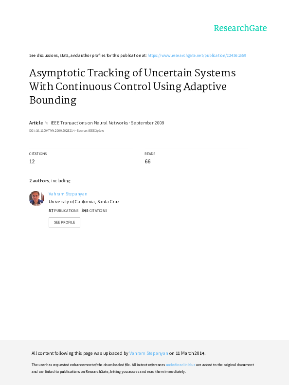 Pdf Asymptotic Tracking Of Uncertain Systems With Continuous Control Using Adaptive Bounding