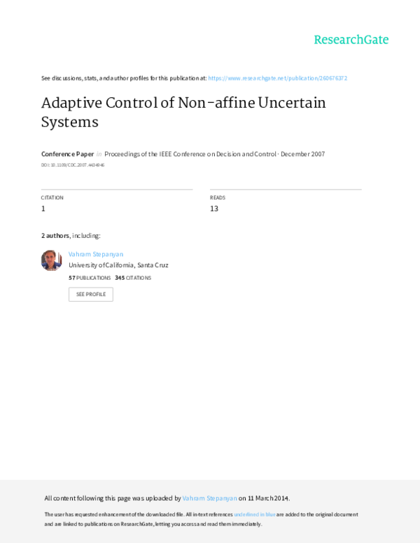 (PDF) Adaptive control of non-affine uncertain systems