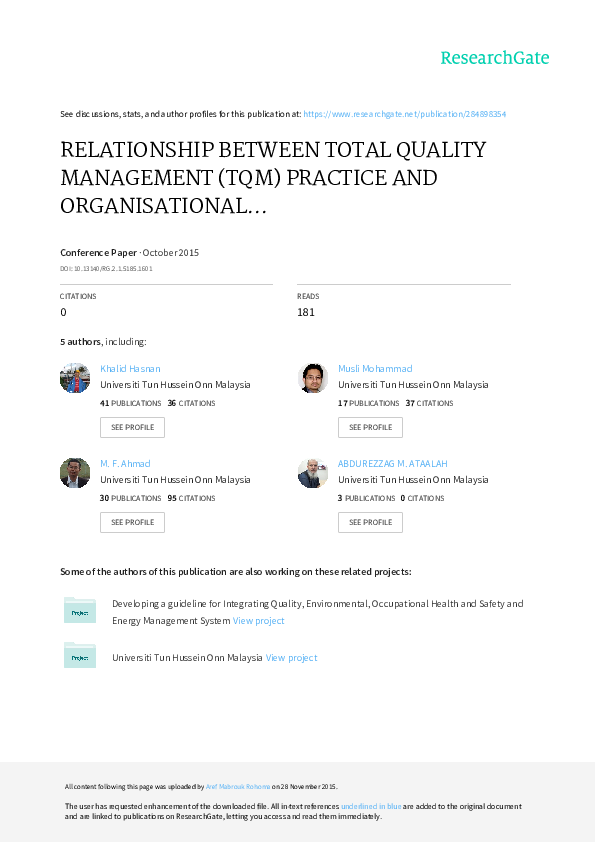 (PDF) RELATIONSHIP BETWEEN TOTAL QUALITY MANAGEMENT (TQM) PRACTICE AND ORGANISATIONAL... Energy ...