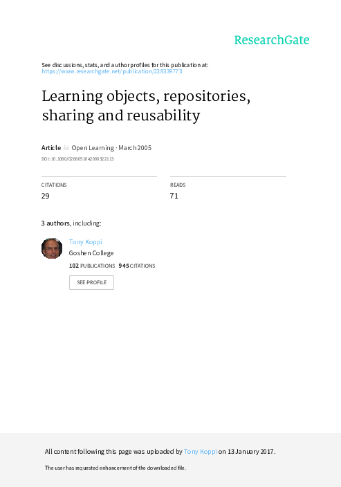 (PDF) Learning objects, repositories, sharing and reusability