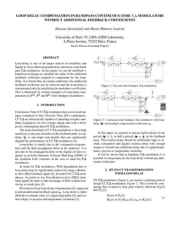(PDF) Loop delay compensation in bandpass continuous-time ΣΔ modulators without additional ...
