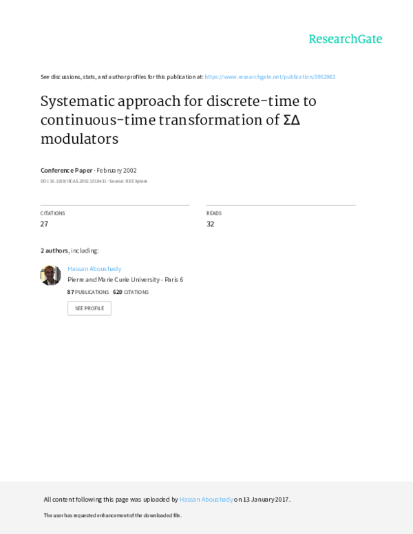 (PDF) Systematic approach for discrete-time to continuous-time transformation of ΣΔ modulators