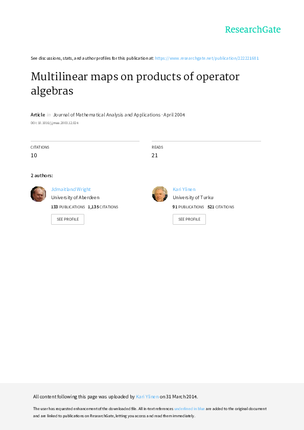 (PDF) Multilinear maps on products of operator algebras