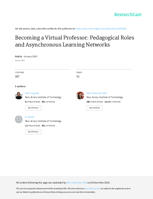 (PDF) Becoming a Virtual Professor: Pedagogical Roles and Asynchronous Learning Networks