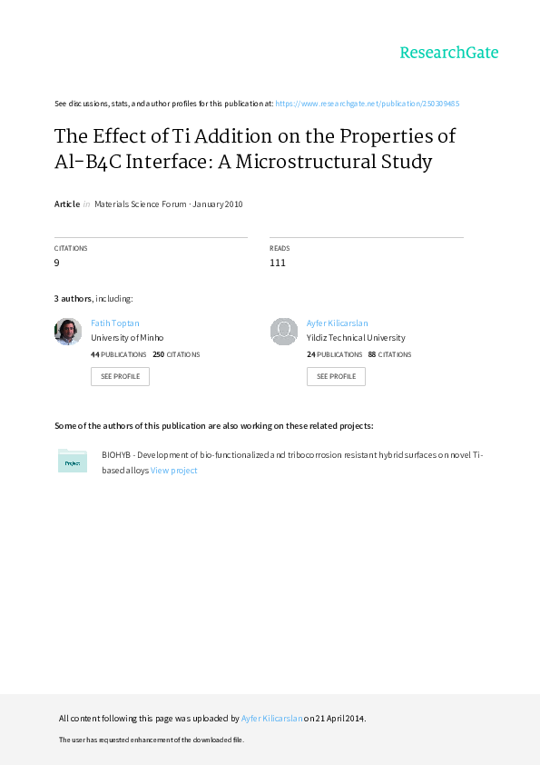 (PDF) The Effect of Ti Addition on the Properties of Al-B4C Interface: A Microstructural Study