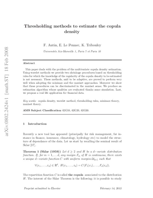 (PDF) Thresholding methods to estimate copula density