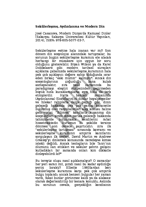 (DOC) Jose Casanova, Sekülerleşme, Aydınlanma ve Modern Din.docx