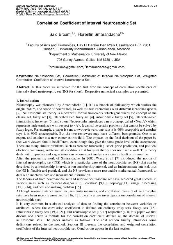 (PDF) Correlation Coefficient of Interval Neutrosophic Set
