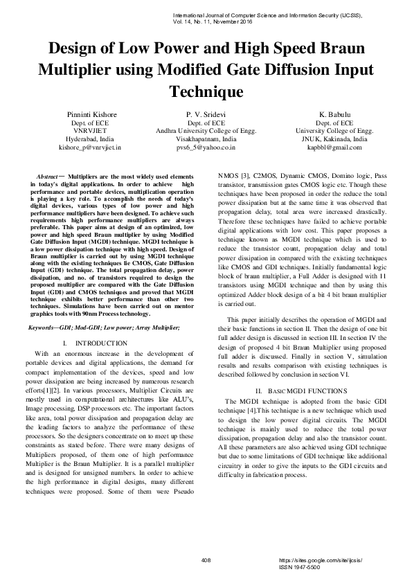 Pdf Design Of Low Power And High Speed Braun Multiplier Using Modified Gate Diffusion Input